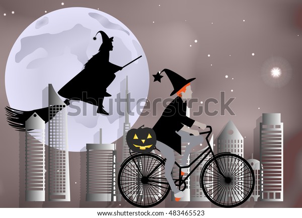 Vector Illustration Witch Riding Bike Around Stock Vector (Royalty Free ...