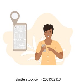 Vector Illustration Woman Using Maps App Stock Vector (Royalty Free ...