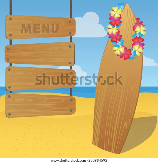 Vector Illustration Wooden Surfboard Menu Template Stock Vector ...