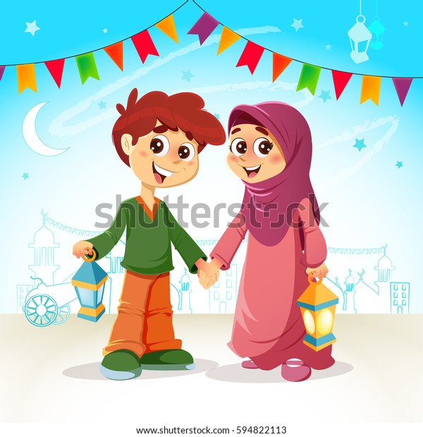 Vector Illustration Young Muslim Boy Girl Stock Vector (Royalty Free ...