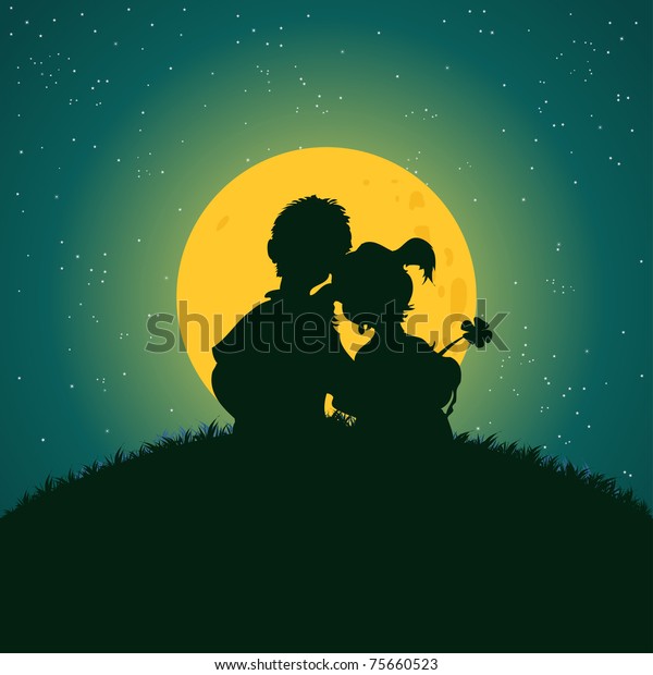 Vector Illustrationkids Under Moonlight Cartoon Concept Stock Vector ...