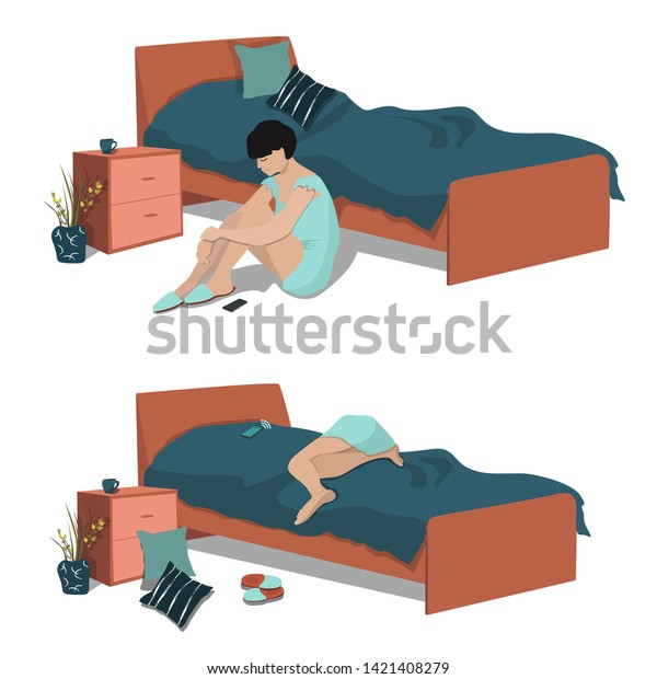 Vector Illustrations Bedroom Interior Sad Girl Stock Vector (Royalty ...