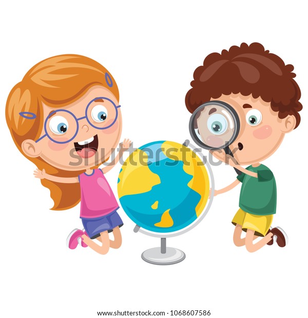 Vector Illustrations Kids Having Geography Lesson 스톡 벡터(로열티 프리 ...