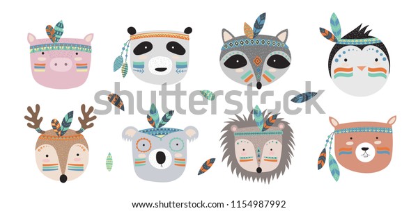 Vector Indian Tribal Animals Faces Collection Stock Vector (Royalty ...