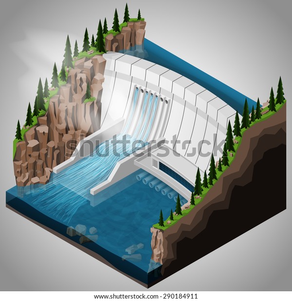 Vector Isometric Illustration River Hydroelectric Power Stock Vector ...