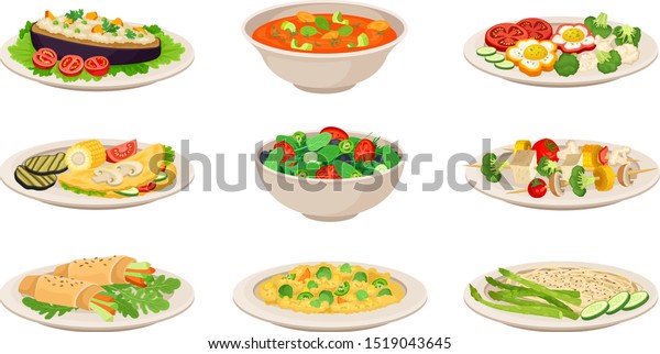 Vector Isometric Illustration Set Vegetarian Dishes Stock Vector ...