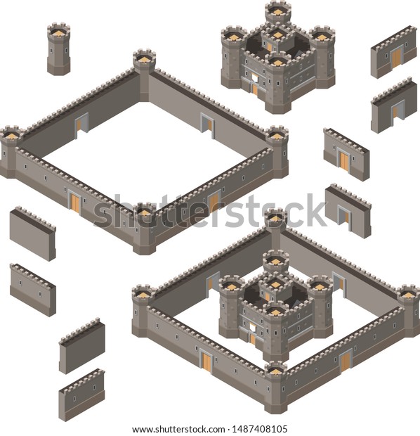 Vector Isometric Set Medieval Castle Walls Stock Vector (Royalty Free ...