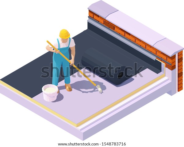 Vector Isometric Worker Flat Roof Waterproofing Stock Vector (Royalty ...