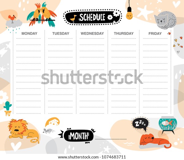 Vector Kids Schedule Cartoon Animals Cute Stock Vector (Royalty Free ...
