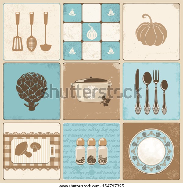 Vector Kitchen Collage Vintage Style 스톡 벡터(로열티 프리) 154797395
