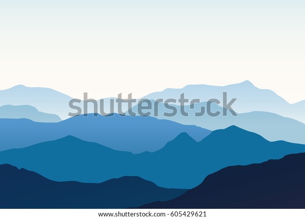 Vektor Stok Vektor lanskap dengan siluet biru bukit (Tanpa Royalti ...