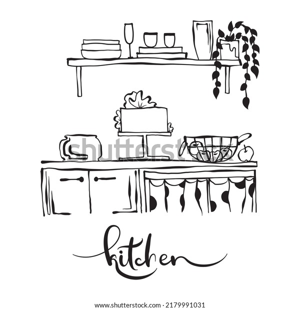Vector Line Art Interior Illustration Kitchen Stock Vector (Royalty ...