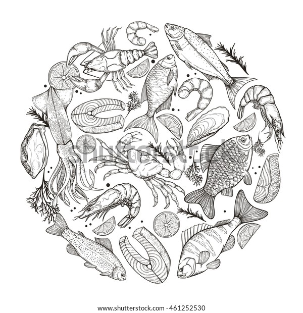 Vector Line Sketches Fish Seafood Lemon Stock Vector (Royalty Free ...