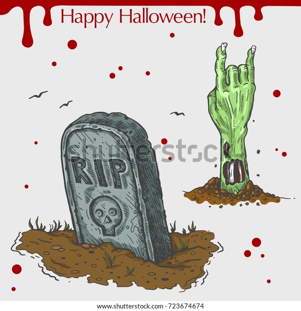 Vector Linear Illustration Zombies Hand Headstone Stock Vector (Royalty ...