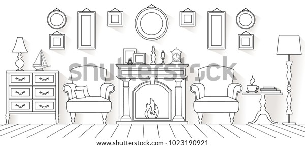 Vector Living Room Outline Style Linear Stock Vector (Royalty Free ...
