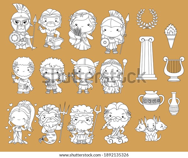 Vector Many Greek Gods Black White Stock Vector (Royalty Free) 1892135326