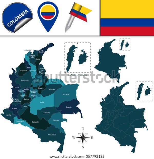 Mapa vectorial de Colombia con departamentos nombrados e iconos de viaje