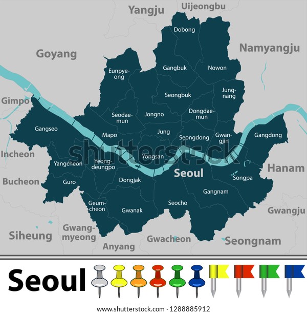 Vector Map Seoul South Korea Districts 스톡 벡터(로열티 프리) 1288885912