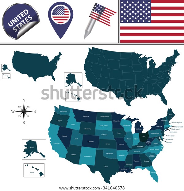 Vector map of United States with named divisions and travel icons