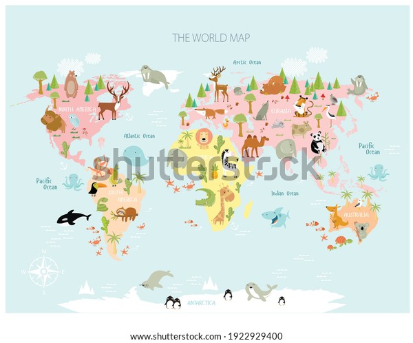 Vector map of the world with cartoon animals for kids. Europe, Asia ...