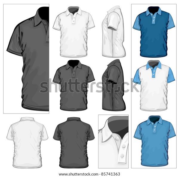 矢量。 男士 Polo 衬衫设计模板(正面、背面和侧面视图)。 没有网格。 库存矢量图(免版税)85741363 Shutterstock