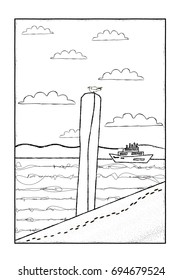 Vector Monochrome Drawing Shore Port Stock Vector (Royalty Free ...