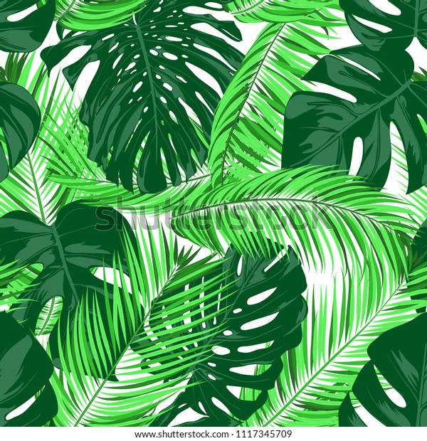 Vector Monstera Palm Leaves Tropical Seamless 库存矢量图(免版税)1117345709