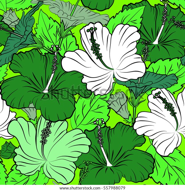 Vector Multicolored Hibiscus Pattern Green Background Stock Vector ...