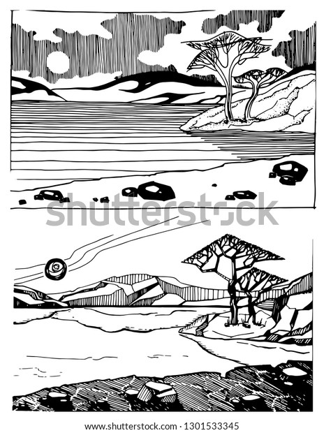 Vector Outline Bay Landscape Stylized Graphic Stock Vector (Royalty ...