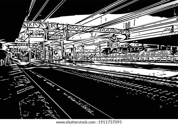 Vector Outline Drawing Railway Station Stock Vector (Royalty Free ...