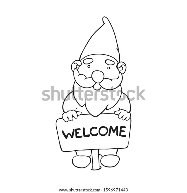 Vector Outline Illustration Garden Gnome Stands Stock Vector (Royalty ...