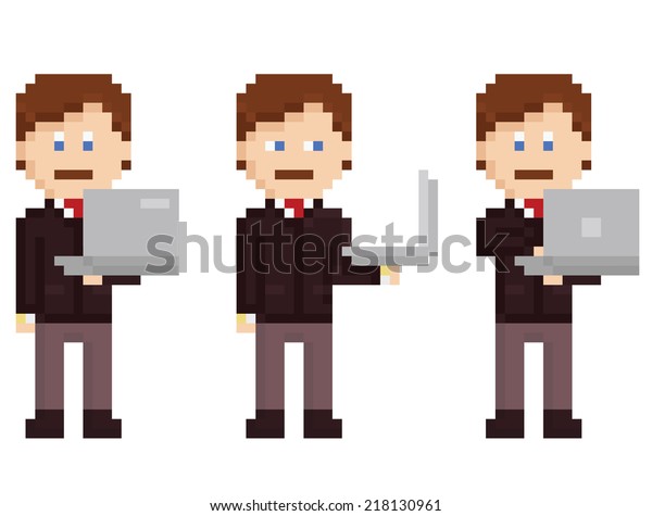 vector pixel art set - person holding laptop vector pixel art set - person holding laptop