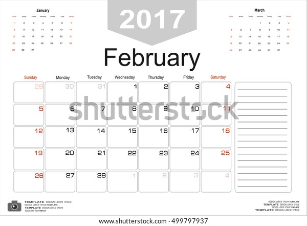 Vector Planning Calendar February 2017 Monthly Stock Vector (Royalty ...