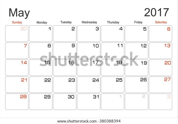 Vector Planning Calendar May 2017 Monthly Stock Vector (Royalty Free ...