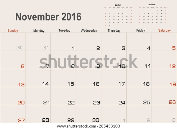 Vector Planning Calendar November 2016 Stock Vector (Royalty Free ...
