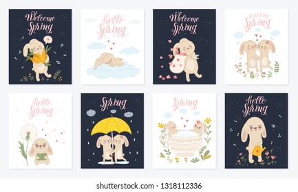 Vector Poster Collection Cute Rabbits Spring Stok Vektör (Telifsiz ...