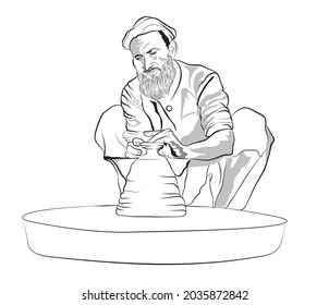 Vektor Stok Vector Potter Illustration Line Drawing Man (Tanpa Royalti ...
