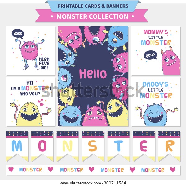 Vector Printable Cards Banners Monster Collection Stock Vector (Royalty ...