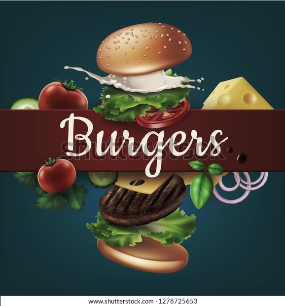 Vector Realistic Illustration Flying Burger Text Stock Vector (Royalty ...