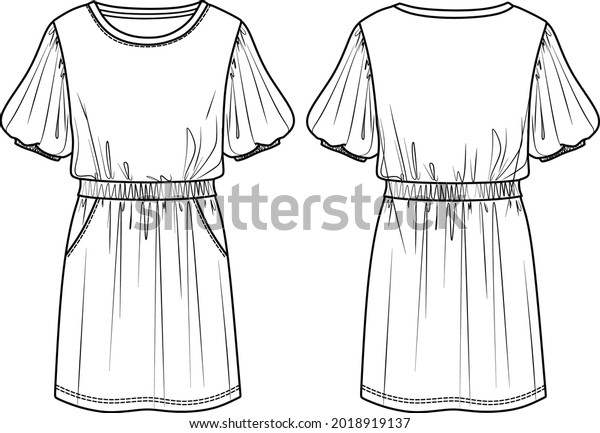 Vector redondo cuello estilo vestido de manga corta CAD, mini vestido ...