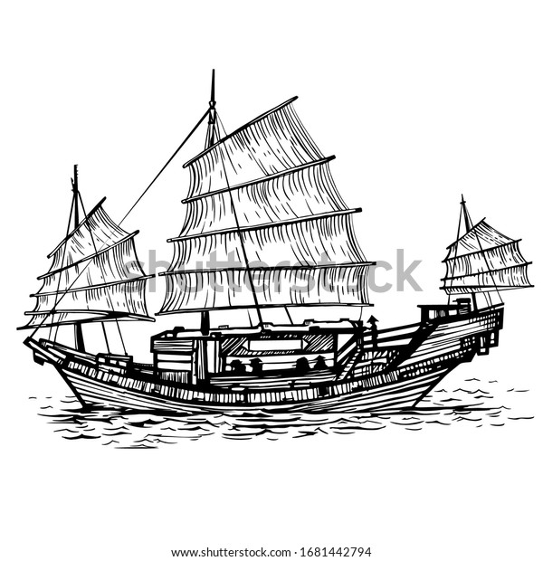 Vector sailing Chinese junk ship in the sea in the ink line style. Hand ...