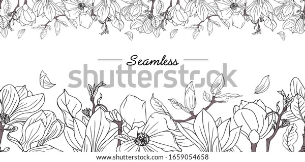 Vector Seamless Border Magnolia Flowers Leaves Stock Vector (Royalty ...