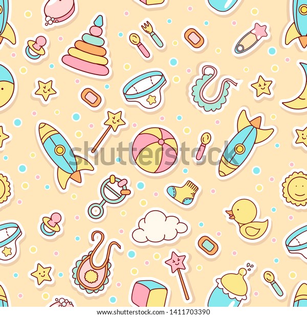 Vector seamless pattern with baby things. on cream background.Endless ...