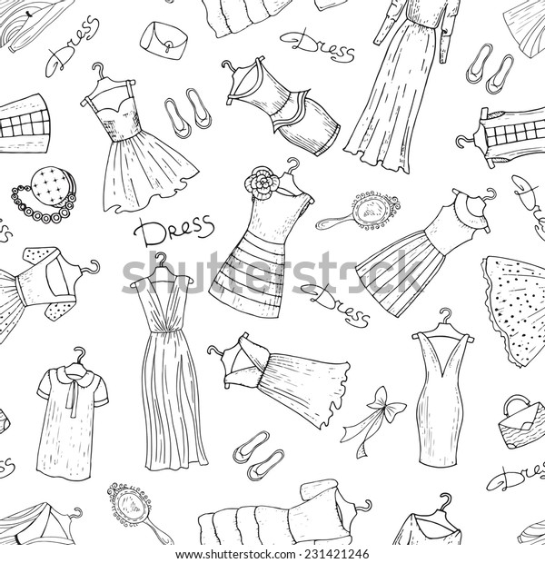 Vector Seamless Pattern Fashionable Dresses Accessories Stock Vector ...