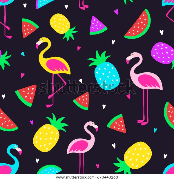 Vector Seamless Tropical Pineapple Flamingo Watermelon Stock Vector ...