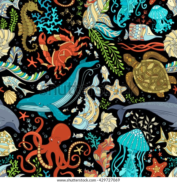 Vector Seamless Wild Sea Life Pattern Stock Vector (Royalty Free) 429727069