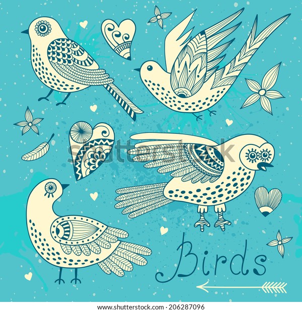 Vector Set Birds Hearts Hand Drawn Stock Vector (Royalty Free) 206287096