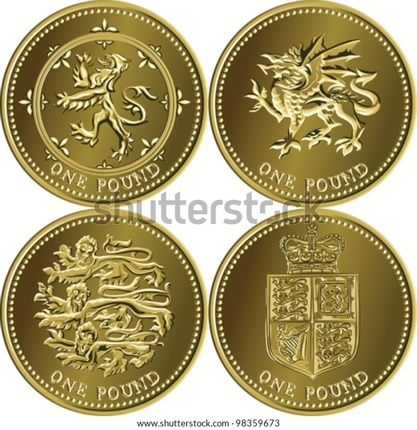 vector set British money gold coin one pound sterling with the emblems ...
