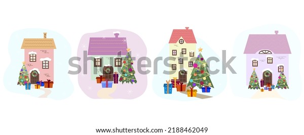Vector Set Christmas Houses Christmas Decorations Stock Vector (Royalty ...