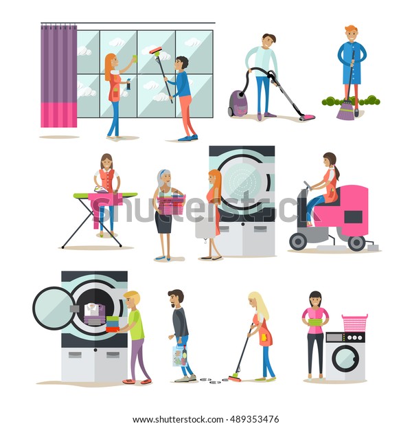 Vector set of cleaning people characters isolated on white background ...